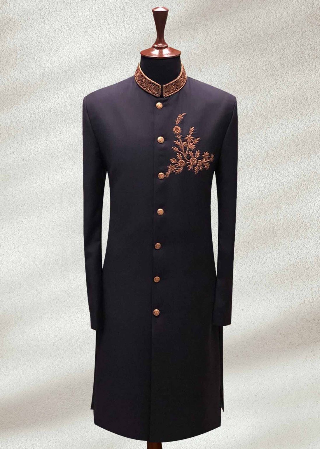 Buy Black Sherwani with Full Golden Embroidery – Order Now