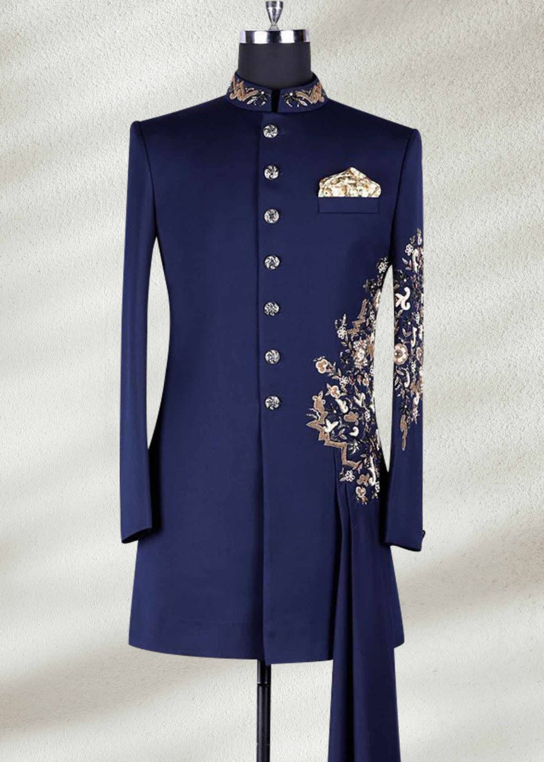 Buy Dark Blue Sherwani With Threads Embroidery - Made To Order