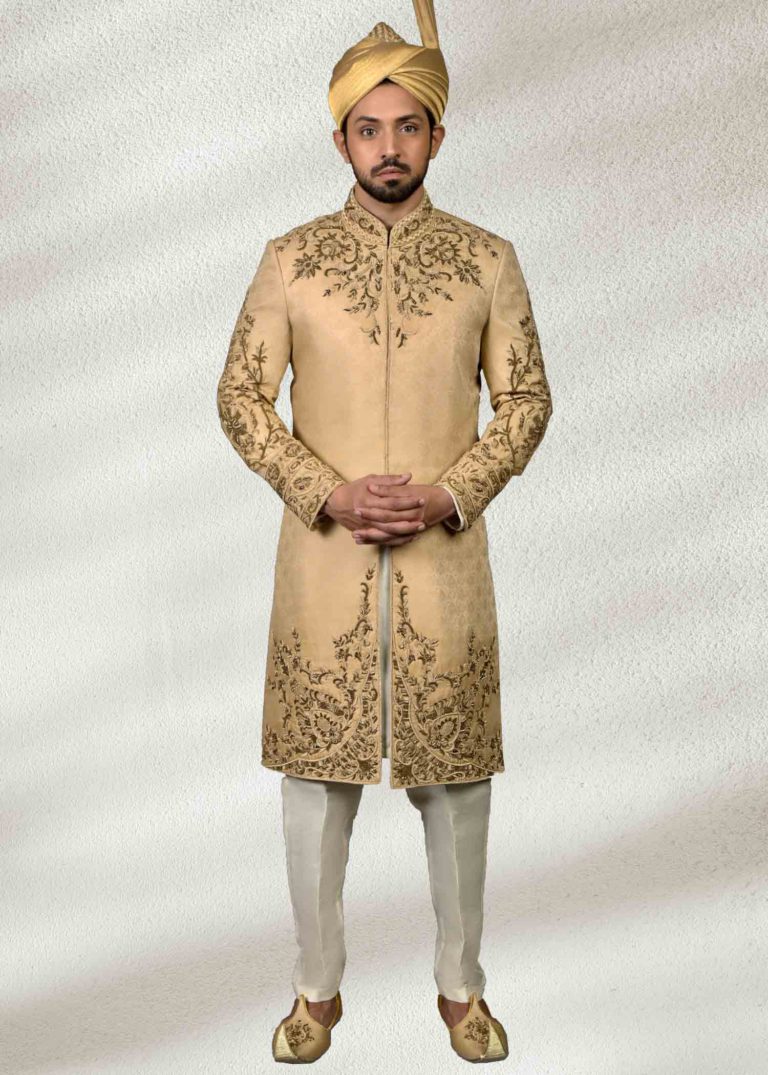 Golden Wedding Sherwani With Embroidery