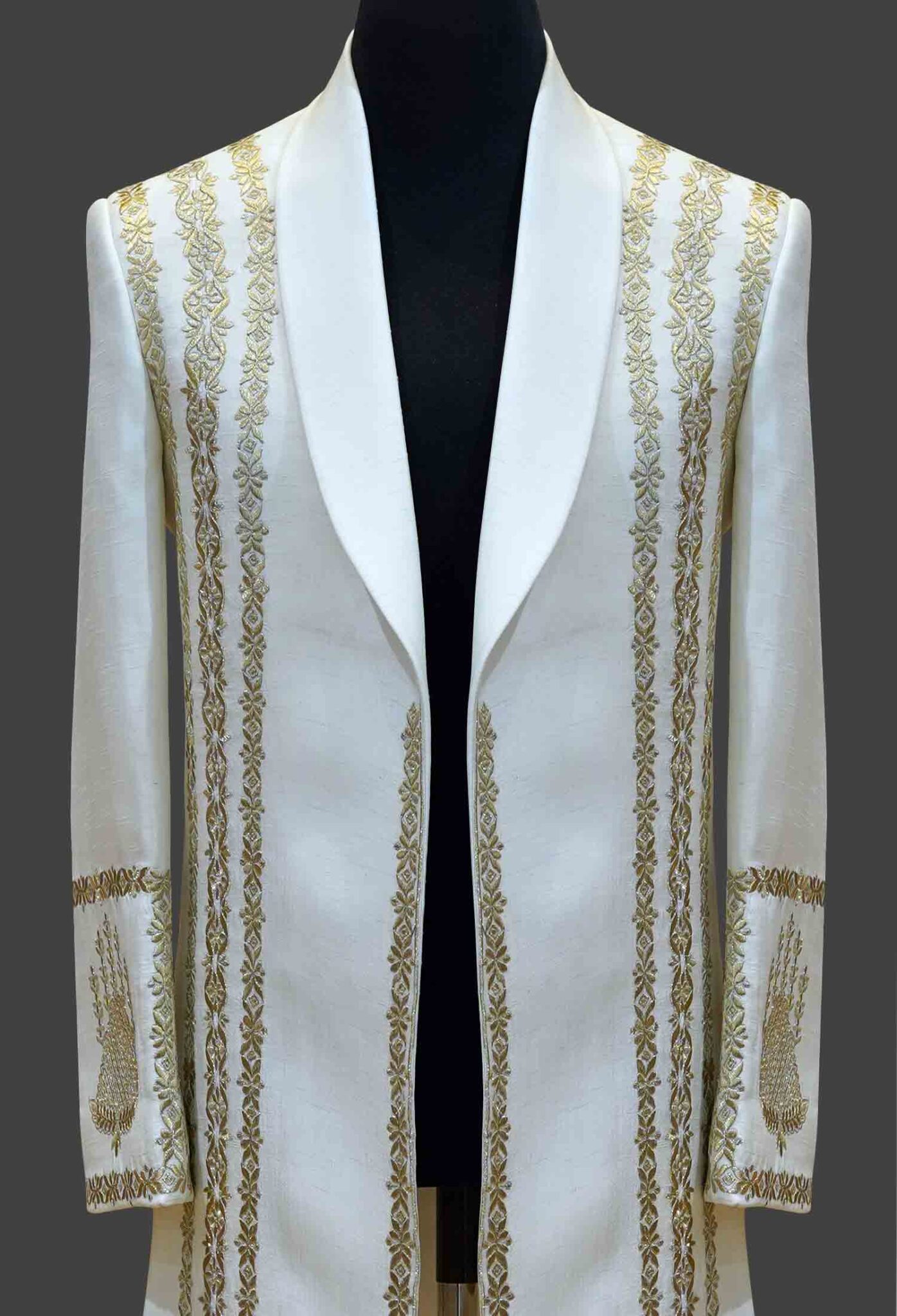 Buy White Open Front Sherwani with Golden Embroidery for Groom