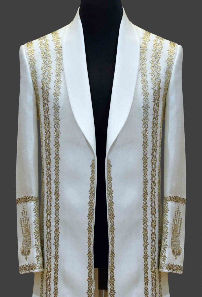 Buy White Open Front Sherwani with Golden Embroidery for Groom