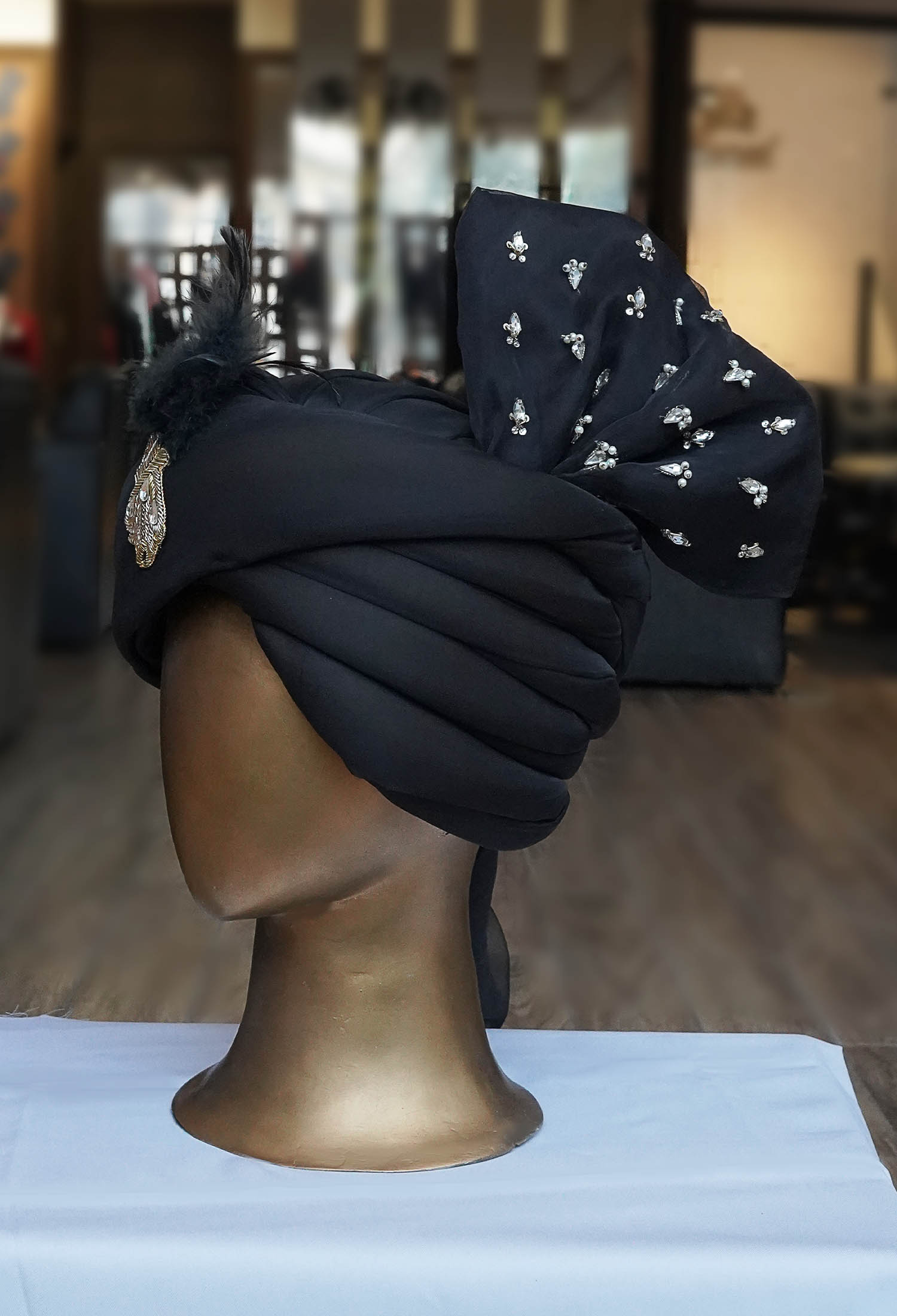Buy Black Turban with Embellished Feather Brooch - Order Now