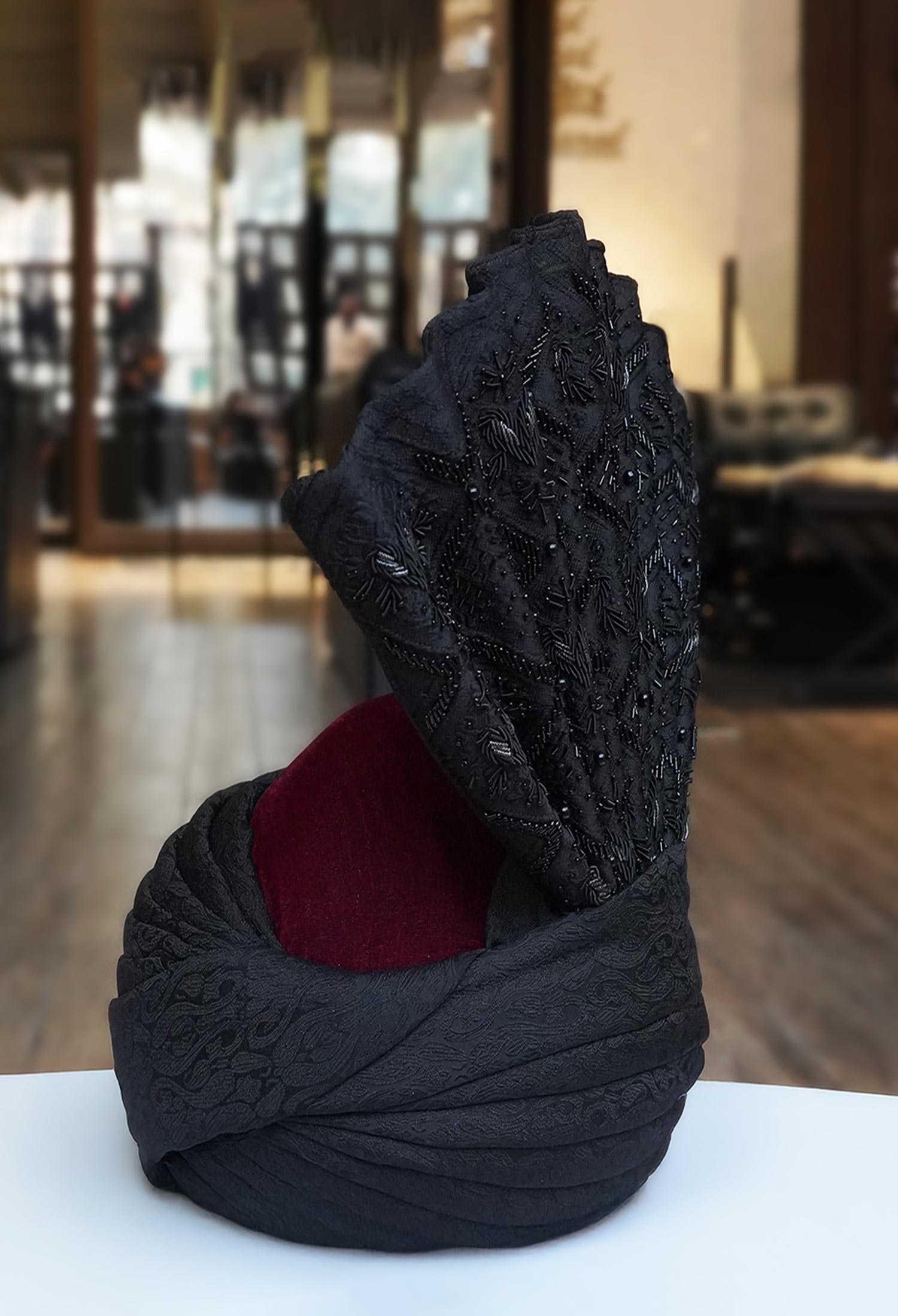 Buy Black Turban with Beaded Embroidery - Order Now